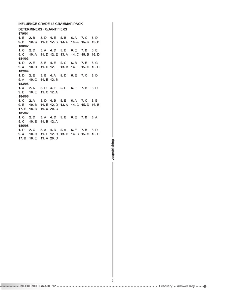 10 Influence 12 Determiners and Quantifiers Answer Key | PDF ...