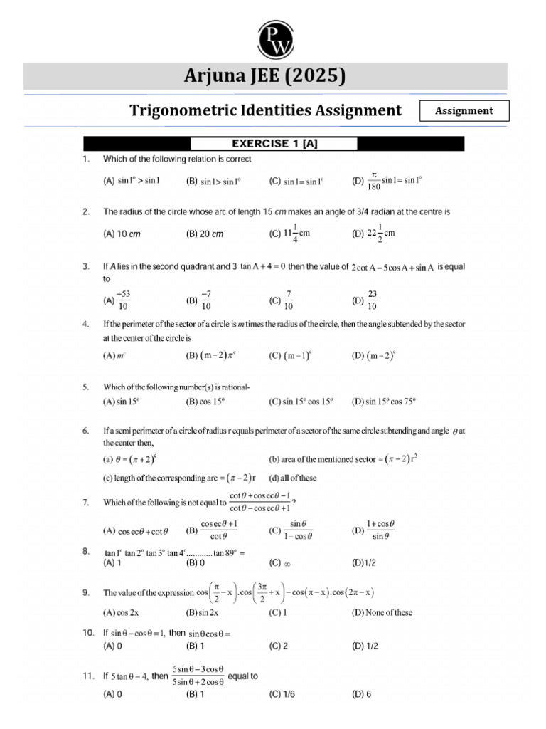 Trigonometric Identities Answer Key | PDF