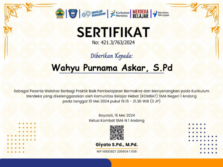 Wahyu Purnama Askar, S.PD Sertifikat Pembelajaran Bermakna | PDF