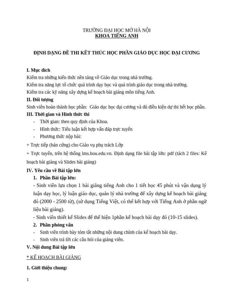 Định Dạng Đề Thi Kết Thúc Học Phần GDH Đại Cương. 2024 | PDF
