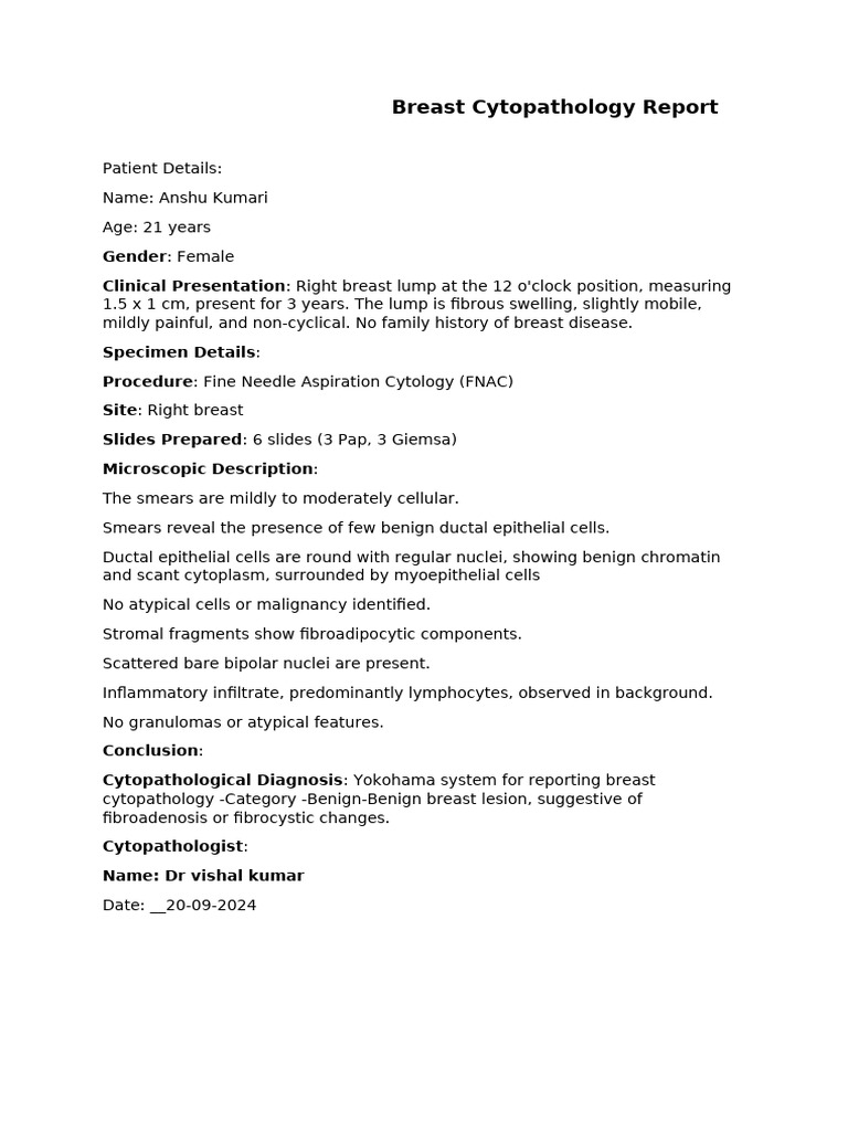 Breast Cytopathology Report FIBROADENOSIS FIBROCYSTIC DISEASE. | PDF
