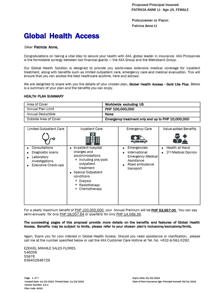 Global Health Plan for Patricia Li | PDF | Insurance | Physical Therapy