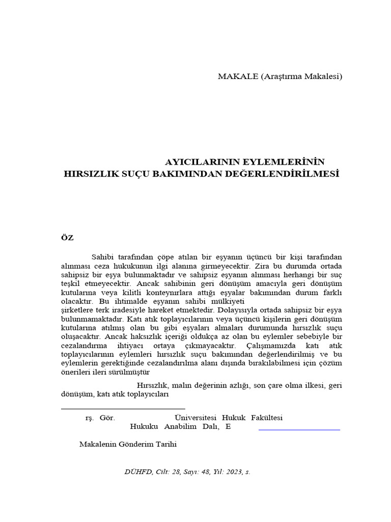 Kati Atik Toplayicilarinin Eylemler - N - N Hirsizlik Su - U Bakimindan ...