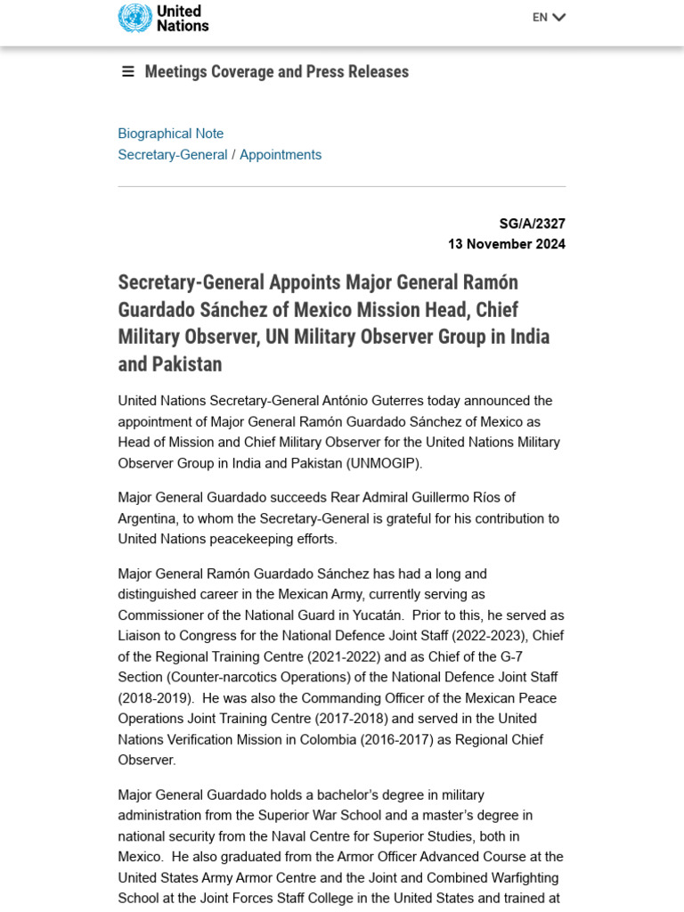 Secretary-General Appoints Major General Ramón Guardado Sánchez of ...