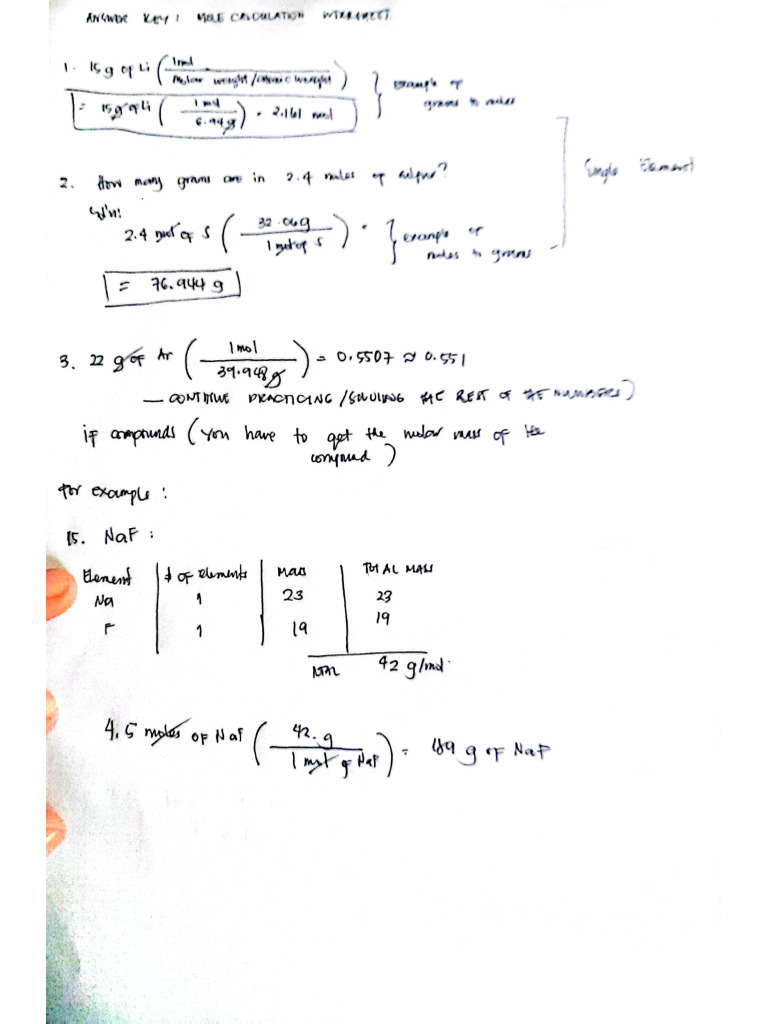 Answer Key Mole Calculation Worksheet | PDF