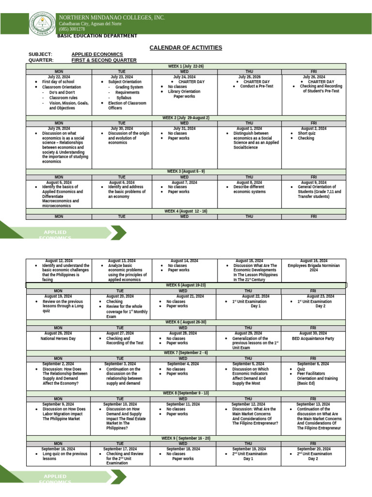 Calendar of Activities - 1st & 2nd Quarter - APPLIED ECON. | PDF ...