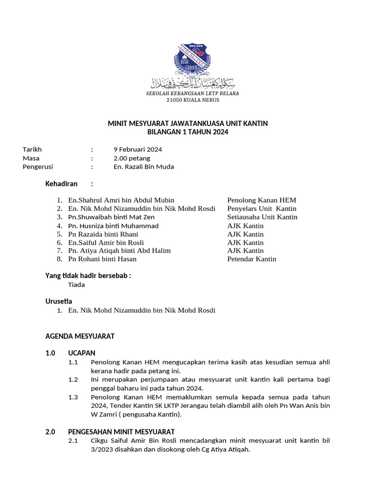 Minit Mesyuarat Kantin Bil 1 2024 | PDF