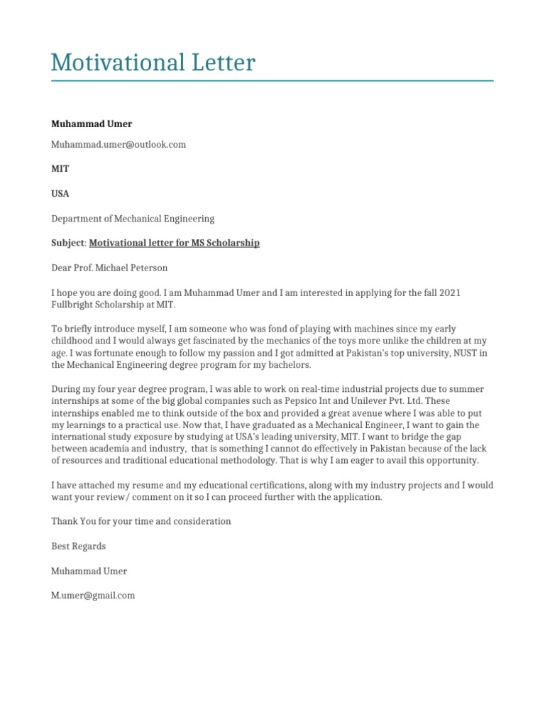 Sample Motivational Letter | PDF