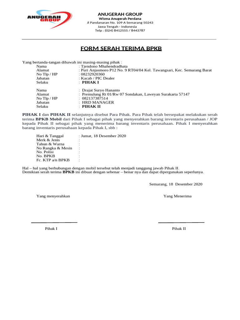 Form Serah Terima BPKB Pak Tjendono | PDF