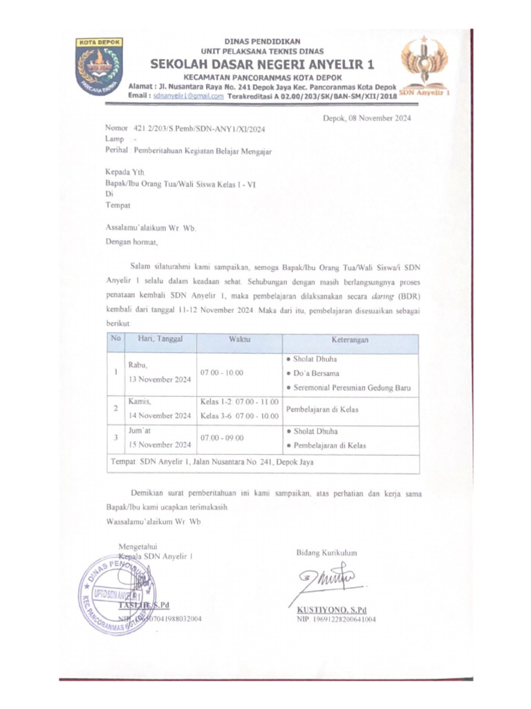 Surat Pemberitahuan Belajar Mengajar | PDF