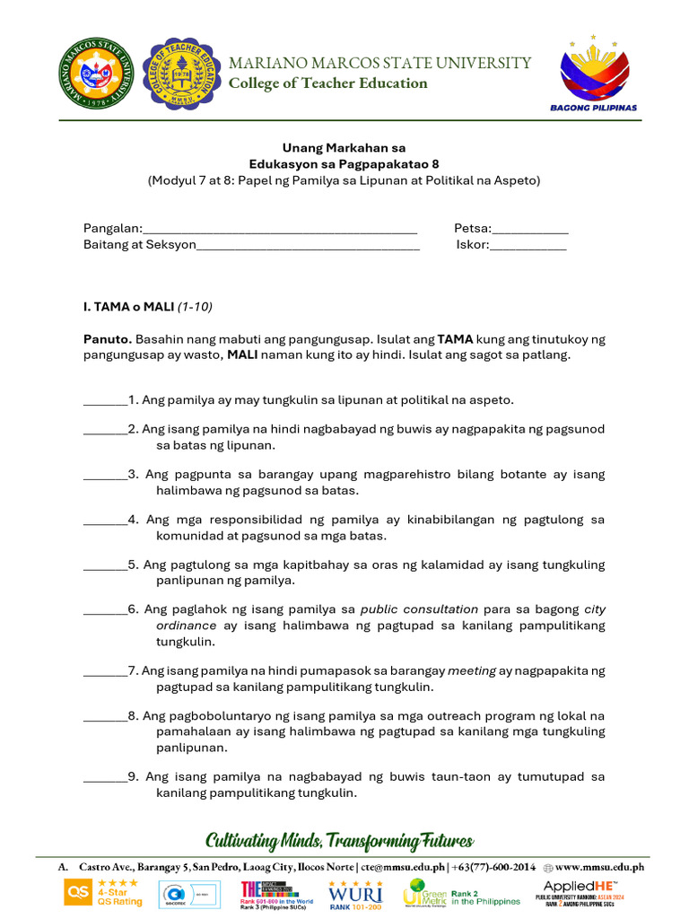 FINAL QUARTER EXAM in ESP 8 | PDF