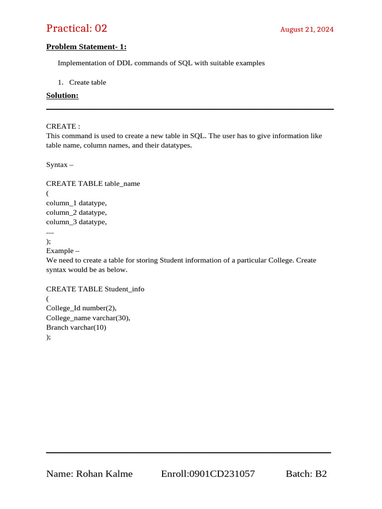 Dbms Lab 2 0901cd231057 Pdf 