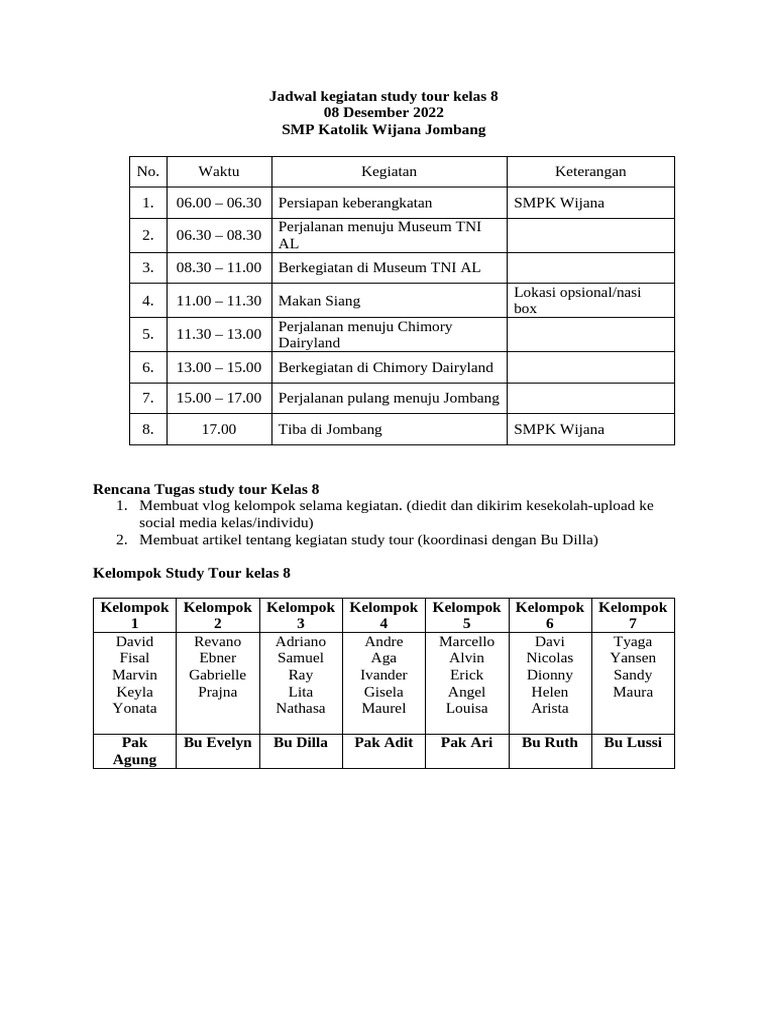 Jadwal Kegiatan Study Tour Kelas 8 | PDF