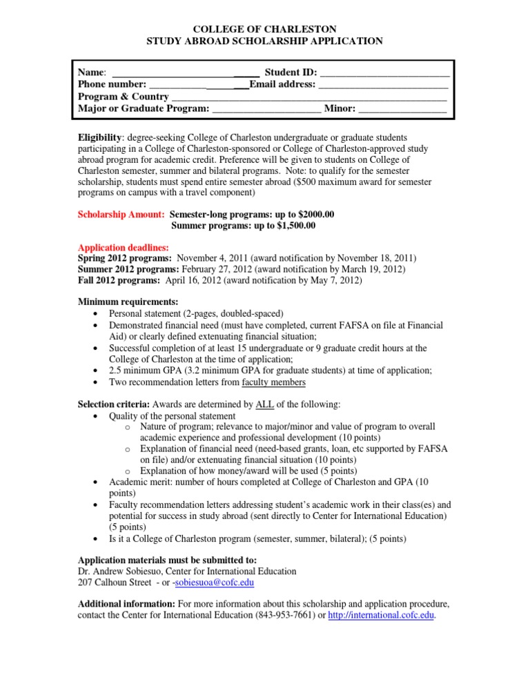 CofC Study Abroad Scholarship | PDF | Finance & Money Management