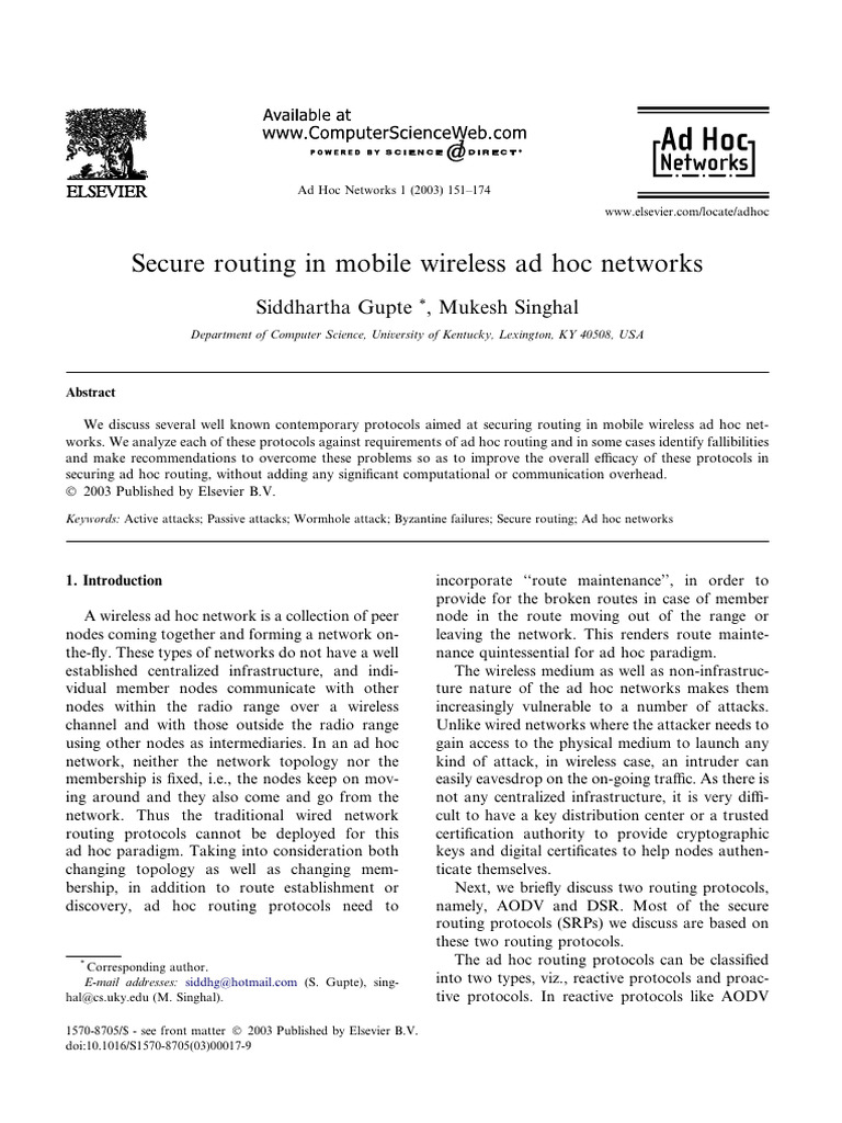 2003 Elsevier Secure Routing in Mobile Wireless Ad Hoc Networks | PDF | Routing | Wireless Ad ...