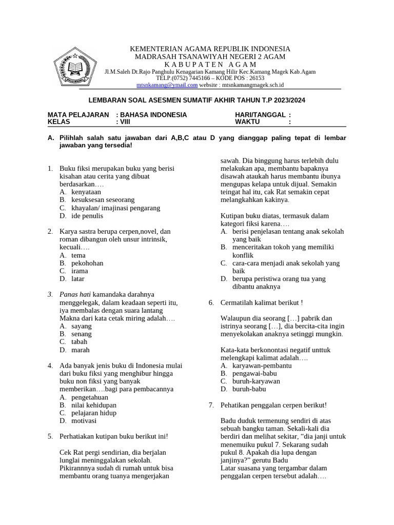 Sas Bindo Kelas Viii 20232024 | PDF | Fiksi Umum