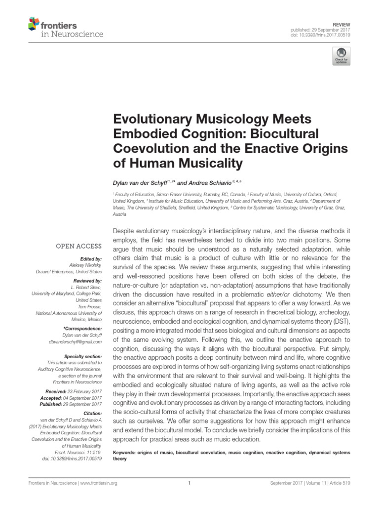 Evolutionary Musicology Meets Embodied Cognition: Biocultural ...