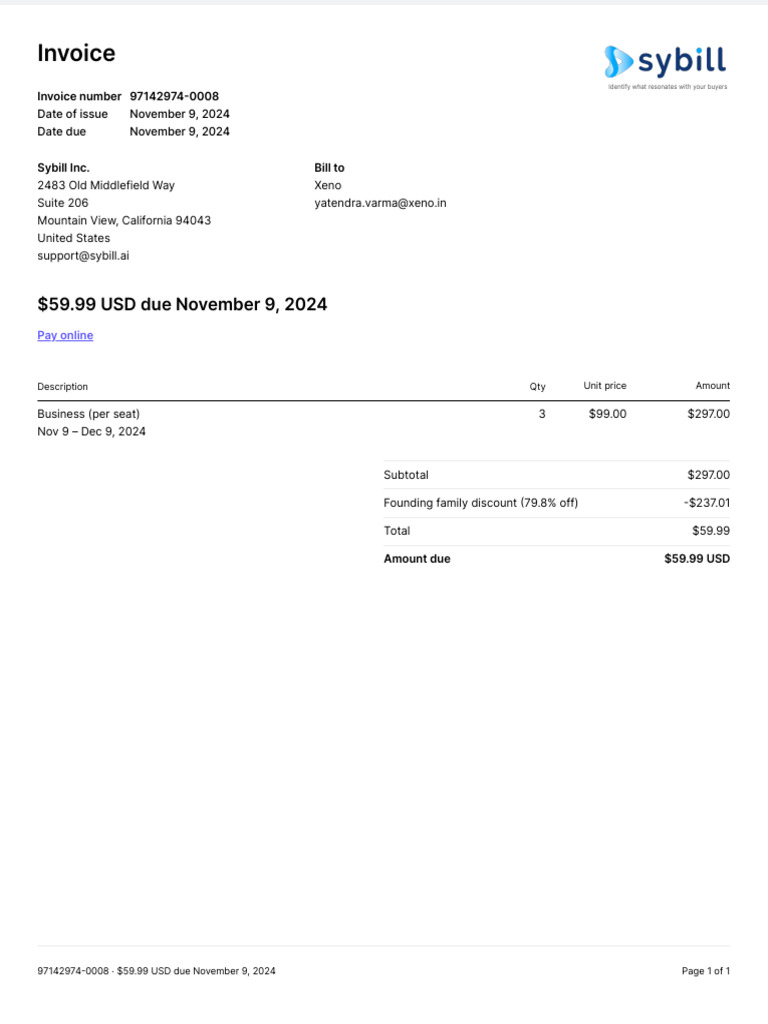 Invoice for Sybill Inc. - $59.99 Due | PDF