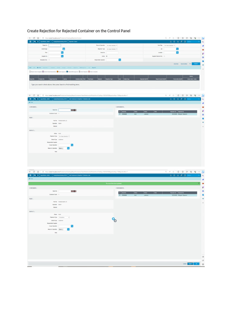 Create Rejection For Rejected Container On The Control Panel | PDF