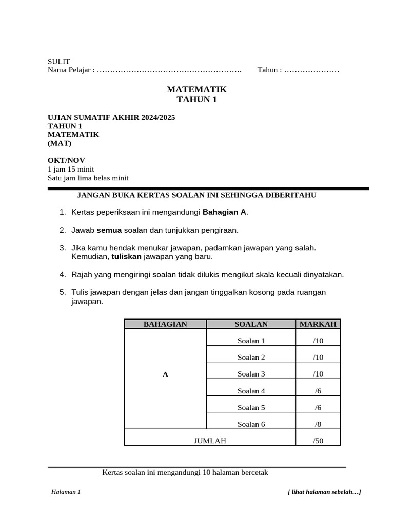Usa MT THN 1 Set 1 2024 2025 by Cikgu Gorgeous | PDF