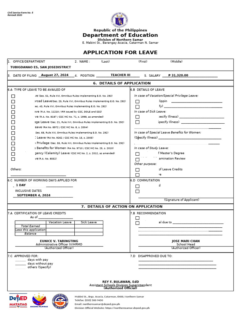 FORM 6 LEAVE FORM With Header and Footer | PDF | Parental Leave | Sick ...