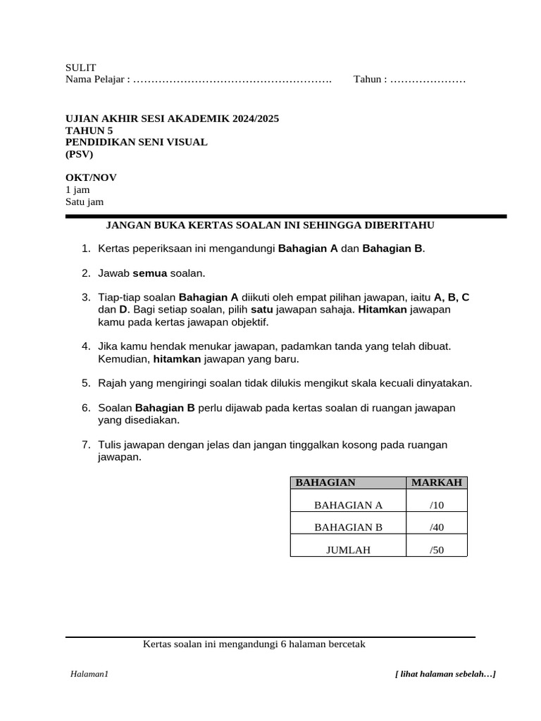 Skema Uasa PSV THN 5 Set 1 2024 2025 by Cikgu Gorgeous | PDF