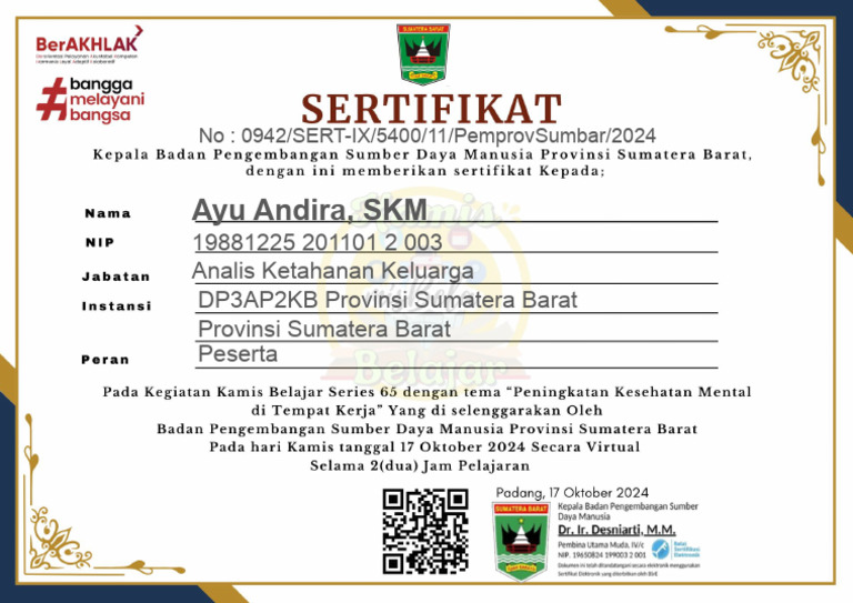 Sertifikat Ayu Andira, SKM 17 | PDF
