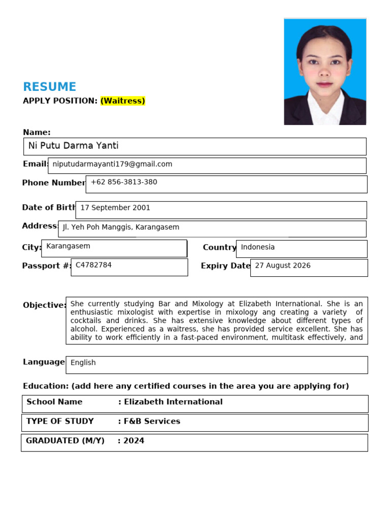 Resume_Example_Taiwan | PDF | Bartender | Waiting Staff