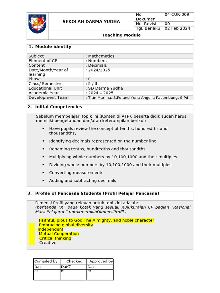 Modul Ajar-English Version Math | PDF | Educational Assessment | Percentage