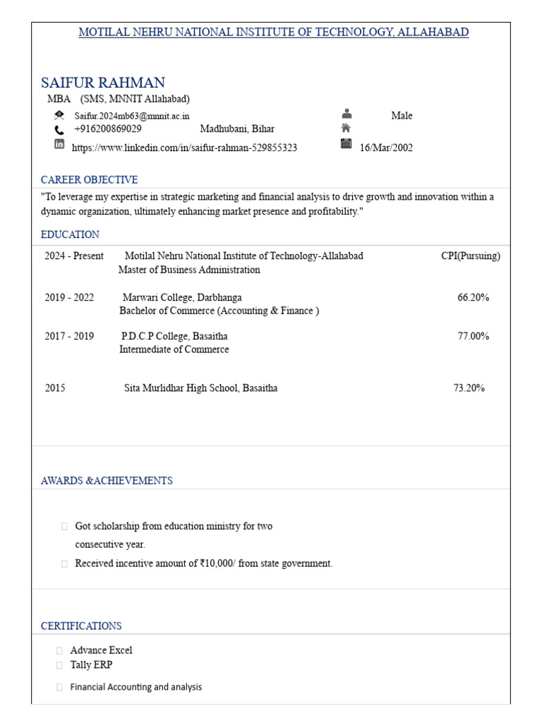 Saifur Resume Mnnit - SAIFUR RAHMAN | PDF | Business