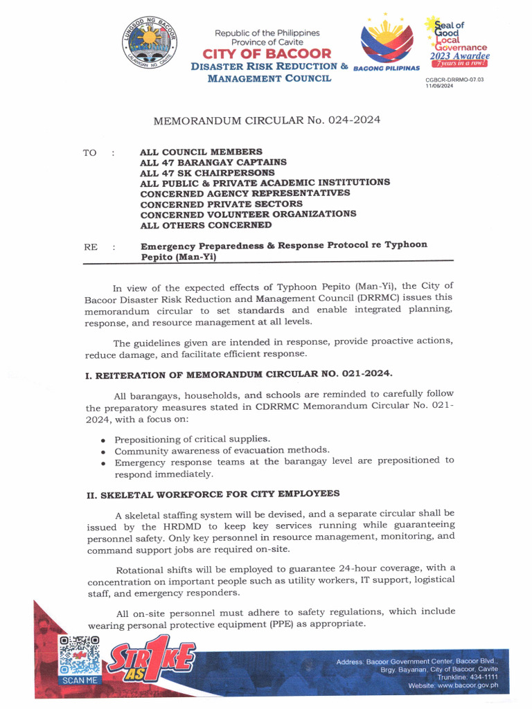 CDRRMC Bacoor Memo Circular - 24-2024 | PDF
