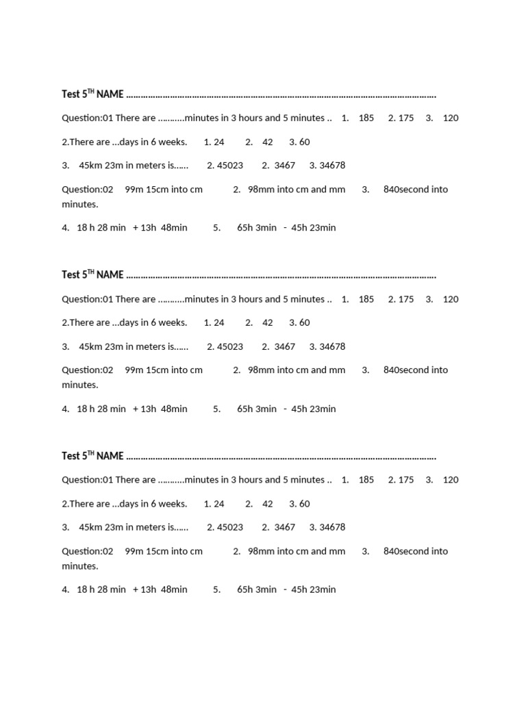 5th Grade Math Conversion Test | PDF