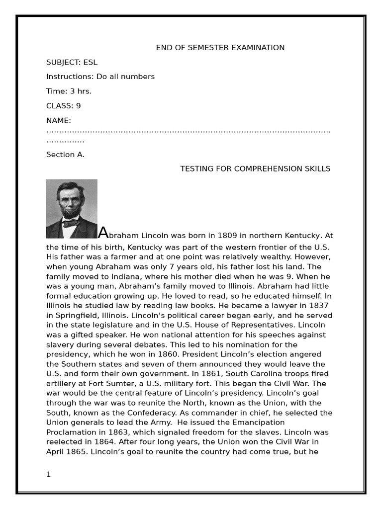 Grade 9 ESL | PDF | Abraham Lincoln | American Civil War