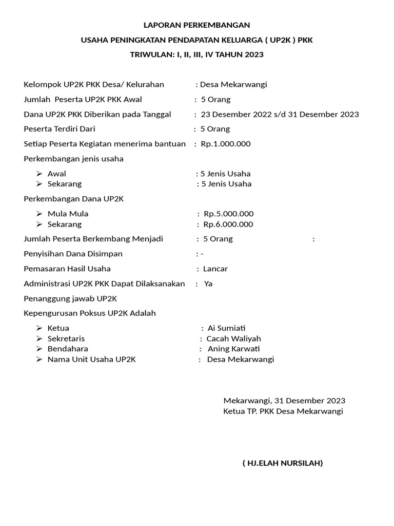 Laporan Perkembangan Up2k PKK | PDF