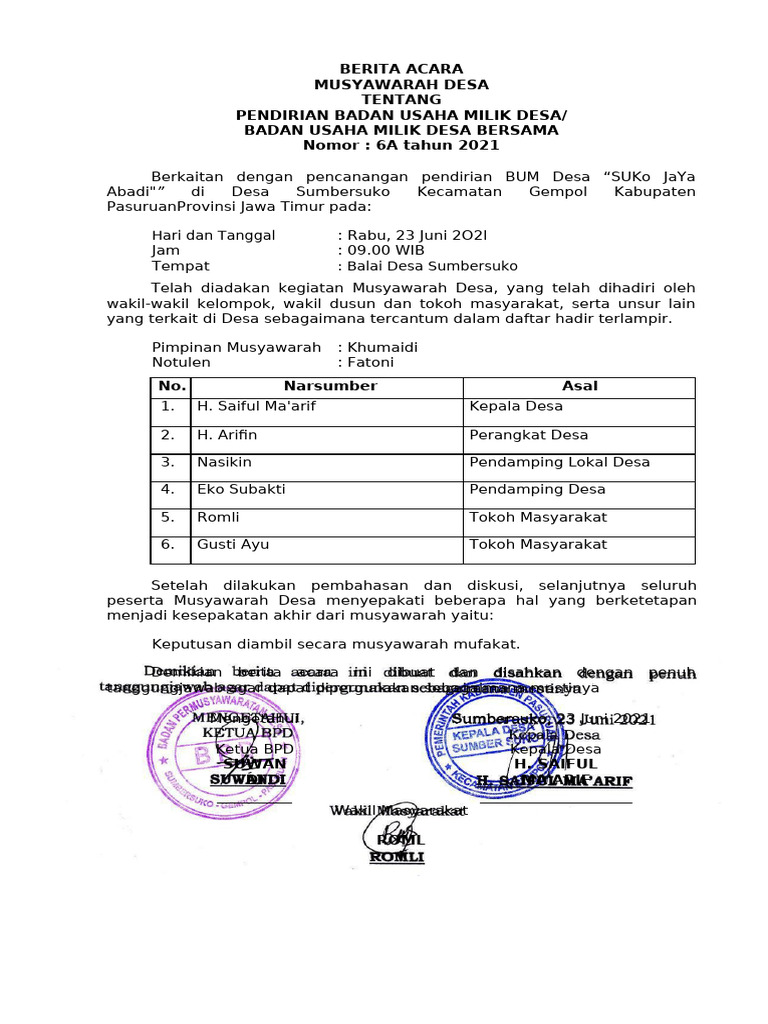 Berita Acara Musdes | PDF