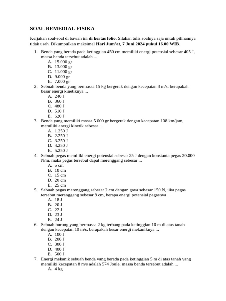 Soal Remedial Fisika-Sem2 - 092530 | PDF | Metode & Bahan Ajar | Griya ...