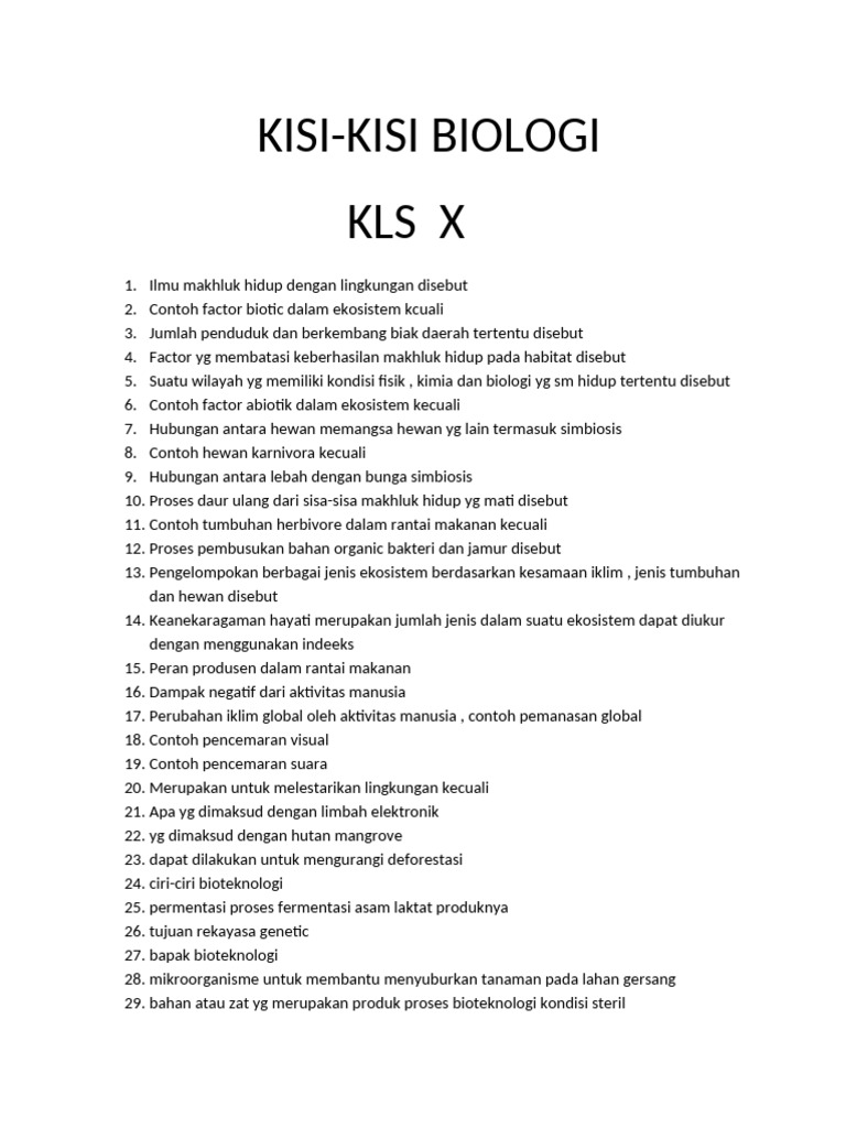 Kisi-Kisi Biologi KLS X | PDF