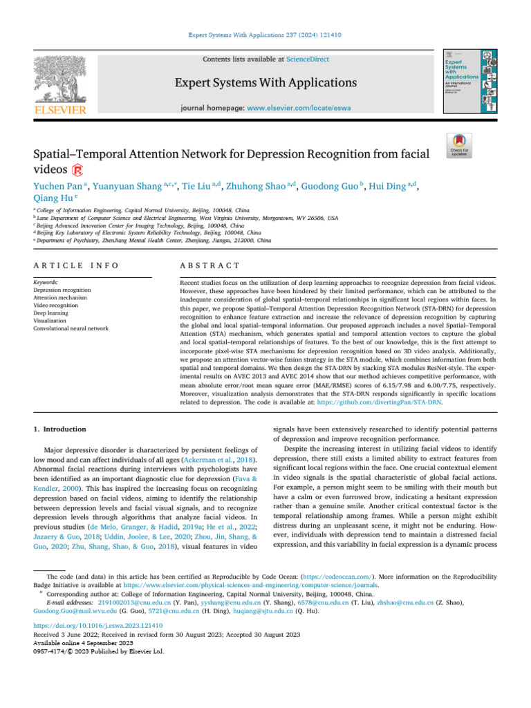Spatial-Temporal Attention Network For Depression Recognition From Facial Videos. | PDF