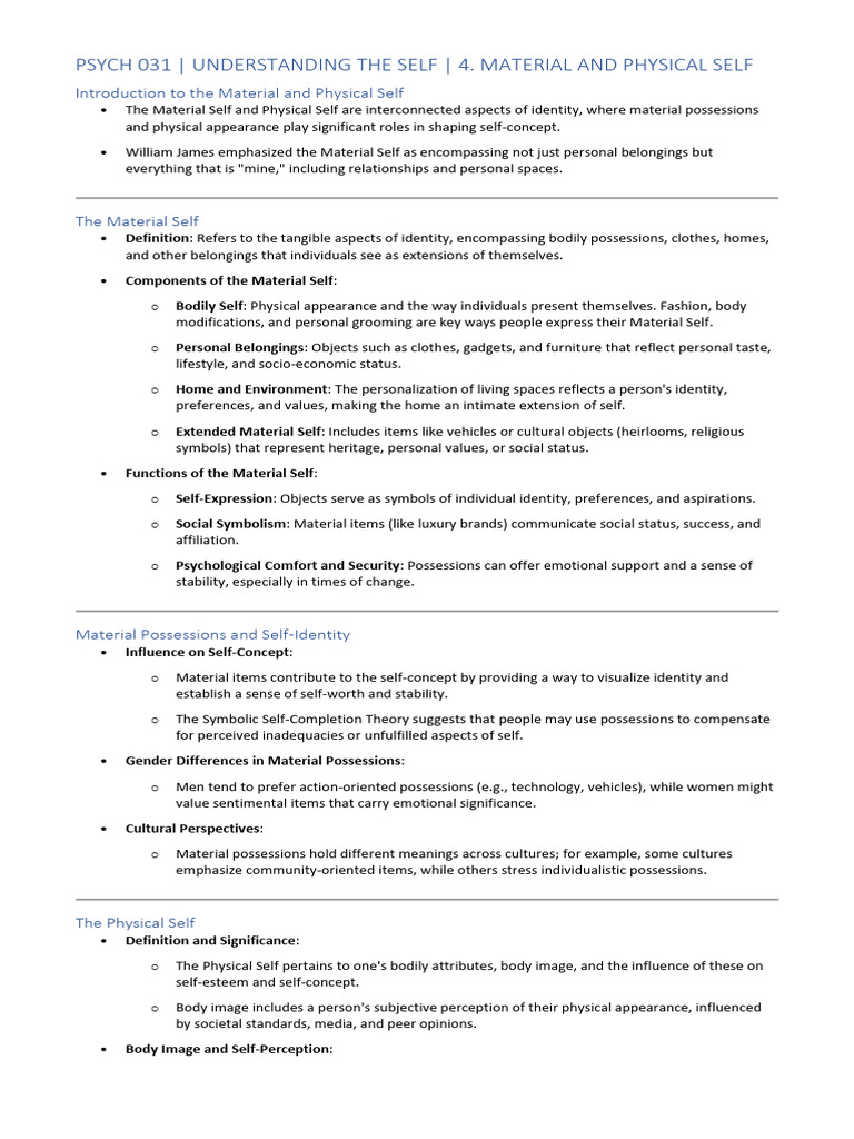 Understanding Material and Physical Self | PDF | Self Concept | Body Image