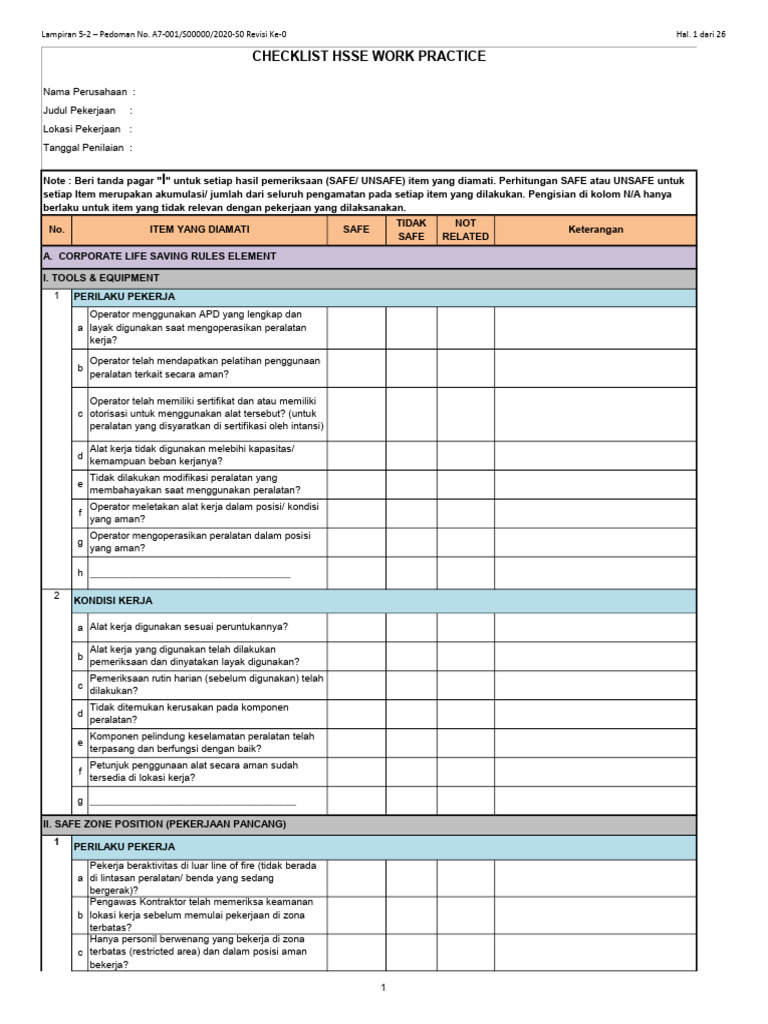 Checklist Praktik Kerja HSSE 2020 | PDF
