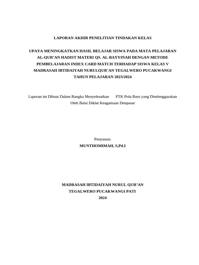 PTK Upaya Meningkatkan Hasil Belajar Qur An Hadist Siswa Kelas Vi ...