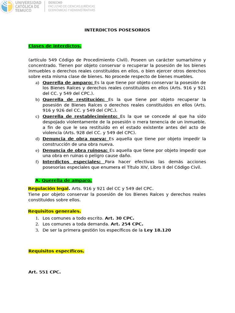 Apunte Interdictos Posesorios - Procesal III | PDF | Posesión (Ley ...