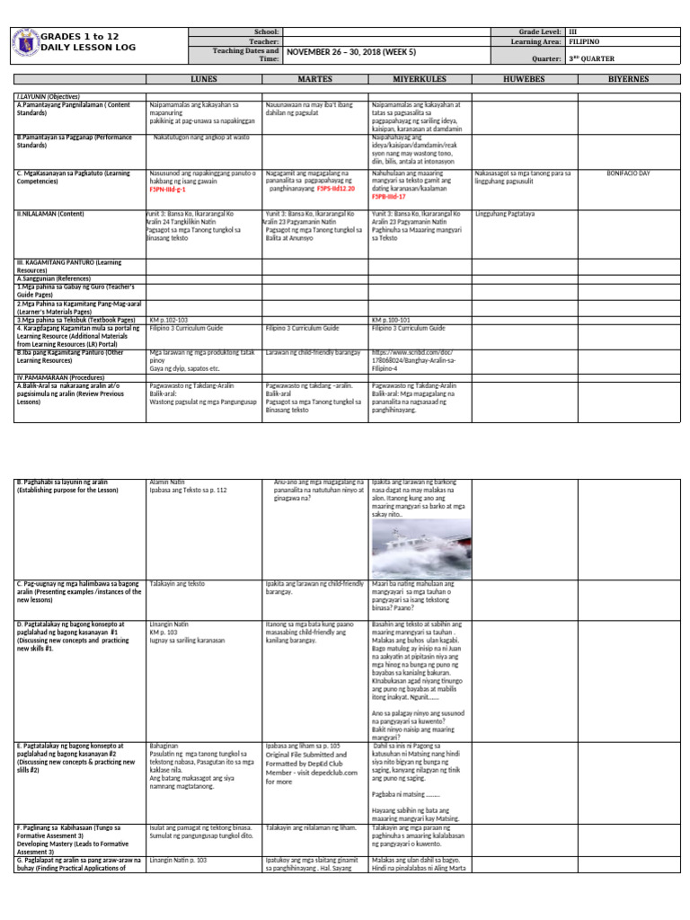 DLL - Filipino 3 - Q3 - W5 | PDF