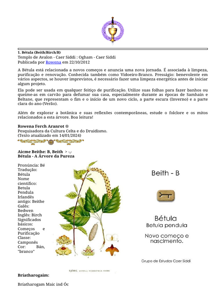 Templo de Avalon - Ogham - Caer Siddi - 1. Bétula (Beith - Birch - B) | PDF
