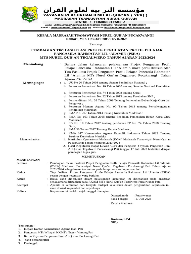 SK Tim Fasilitasi Projek Profil Pelajar Pancasila (p5) 2023 | PDF | Karier & Perkembangan