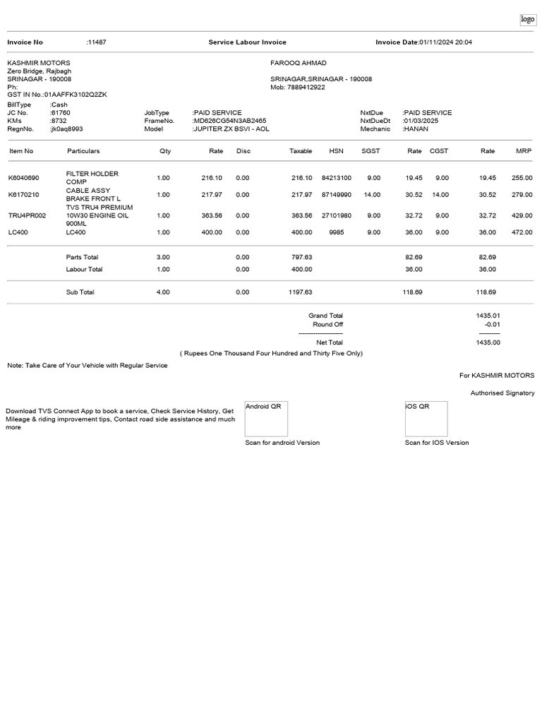 Invoice No Service Labour Invoice Invoice Date | PDF | Vehicles