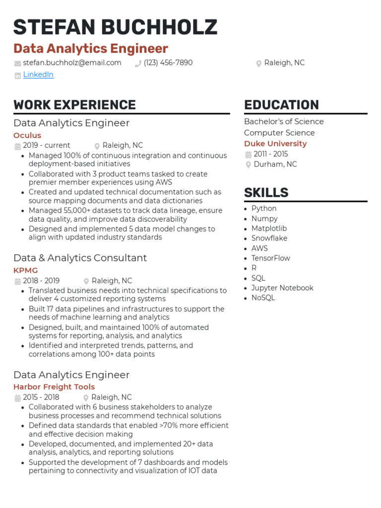 Data Analytics Engineer Resume Example | PDF