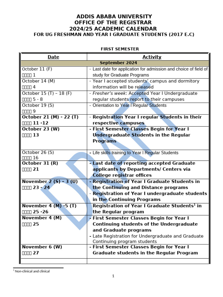 AAU 2024/25 Freshman Calendar | PDF | Academic Term | Undergraduate ...