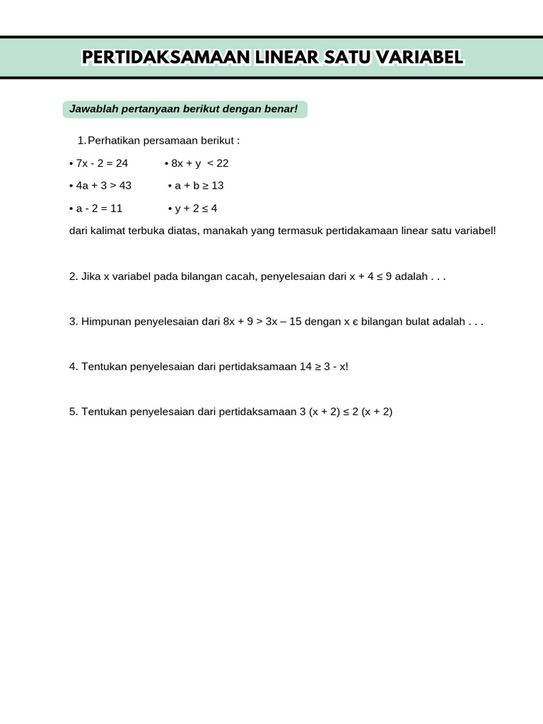 Persamaan Linear Satu Variabel Lembar Kerja Hijau Toska Putih Sederhana ...