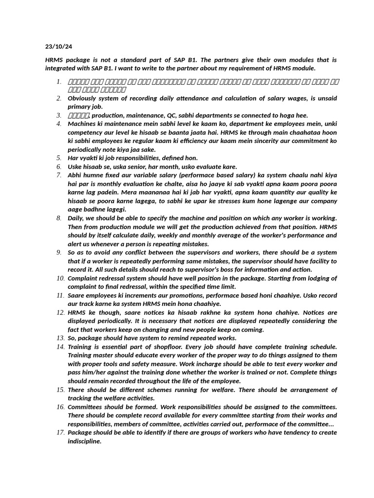 HRMS Module Requirements for SAP B1 | PDF | Employment | Workplace